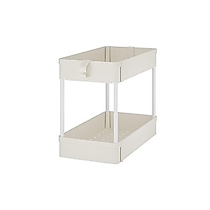 Boeeoan Under Sink Organizers Storage Rack, 2 Tier Under Bathroom Cabinet Shelf Basket, Multi-Purpose Storage Cart with Hooks for Kitchen Bathroom Bedroom Livingroom, White