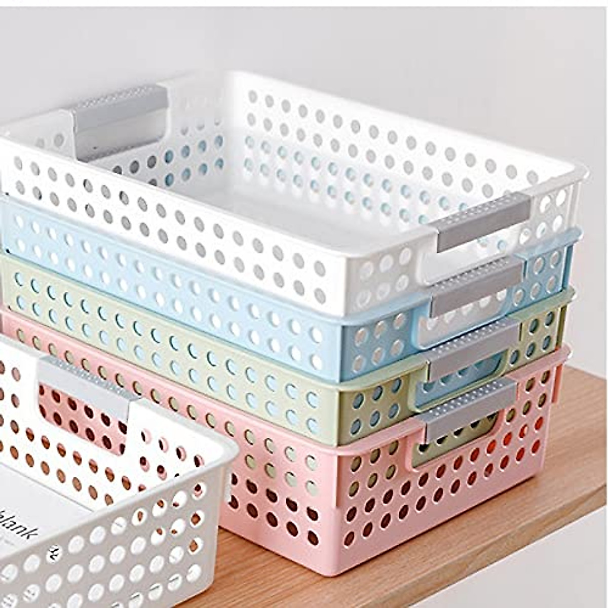 Whale Pocket 6 PCS Plastic Storage Basket, Slim White Organizer Tote Bin Shelf Baskets for Closet Organization, De-Clutter, Toys, Cleaning Products, Accessories 14 x 10x 3.4 in