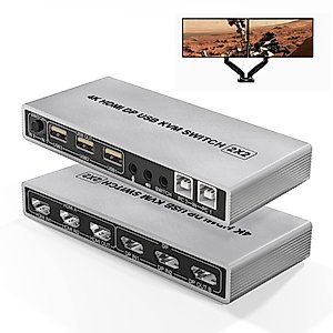 Dual Monitor DisplayPort HDMI KVM Switch 4K@60Hz 2-Port Extended Display 2 in 2 Out KVM Switch 2 Monitors 2 Computers Displayport and HDMI, with 3xUSB, Audio Port, Included 2xUSB Cables, Controller