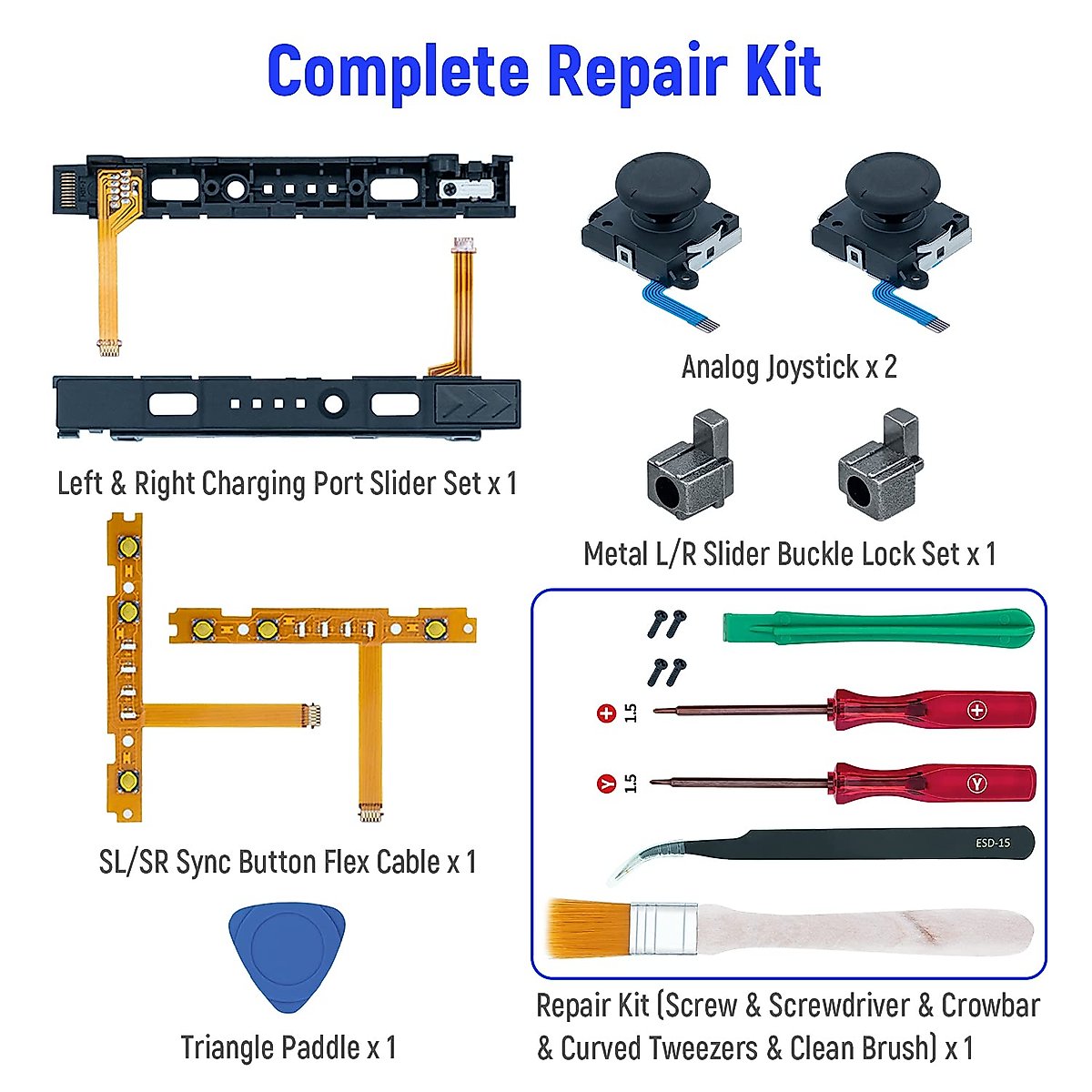Mcbazel 18 in 1 Replacement Repair Kit for N-Switch Joy-Con with Screwdrivers Opening Tool, 3D Left Right Analog Joysticks, Buckle Lock, Charging Port Slider, Button Sync Flex Cable Set