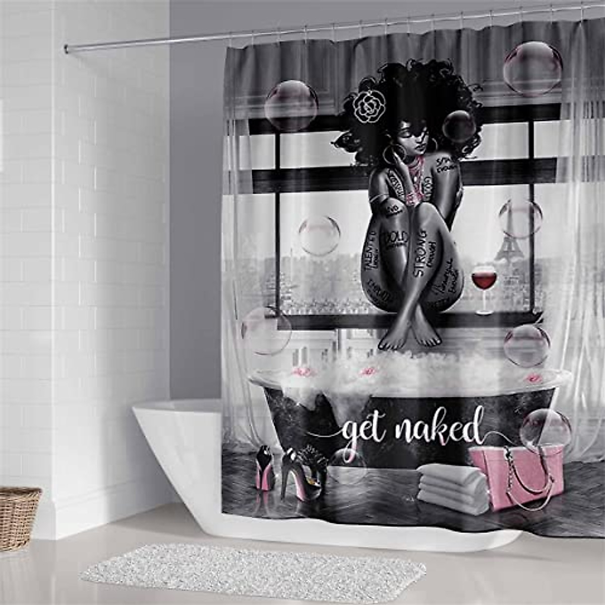 4PCSAfrican American Shower Curtain Sets with 12 Hooks Waterproof Polyester Bathroom Sets with Rugs and Accessories-Bath Mat,Toilet Lid Cover,U-Shaped Mat,Black Girl Shower Curtain for Bathroom