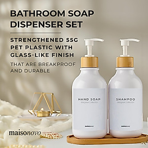 MaisoNovo Kitchen Soap Dispenser Set - Plastic Soap Dispenser with Pump - White Bamboo White Pump 16.9 fl oz - Bathroom Soap Dispenser Set of 2 - Soap and Lotion Dispenser Set with Tray