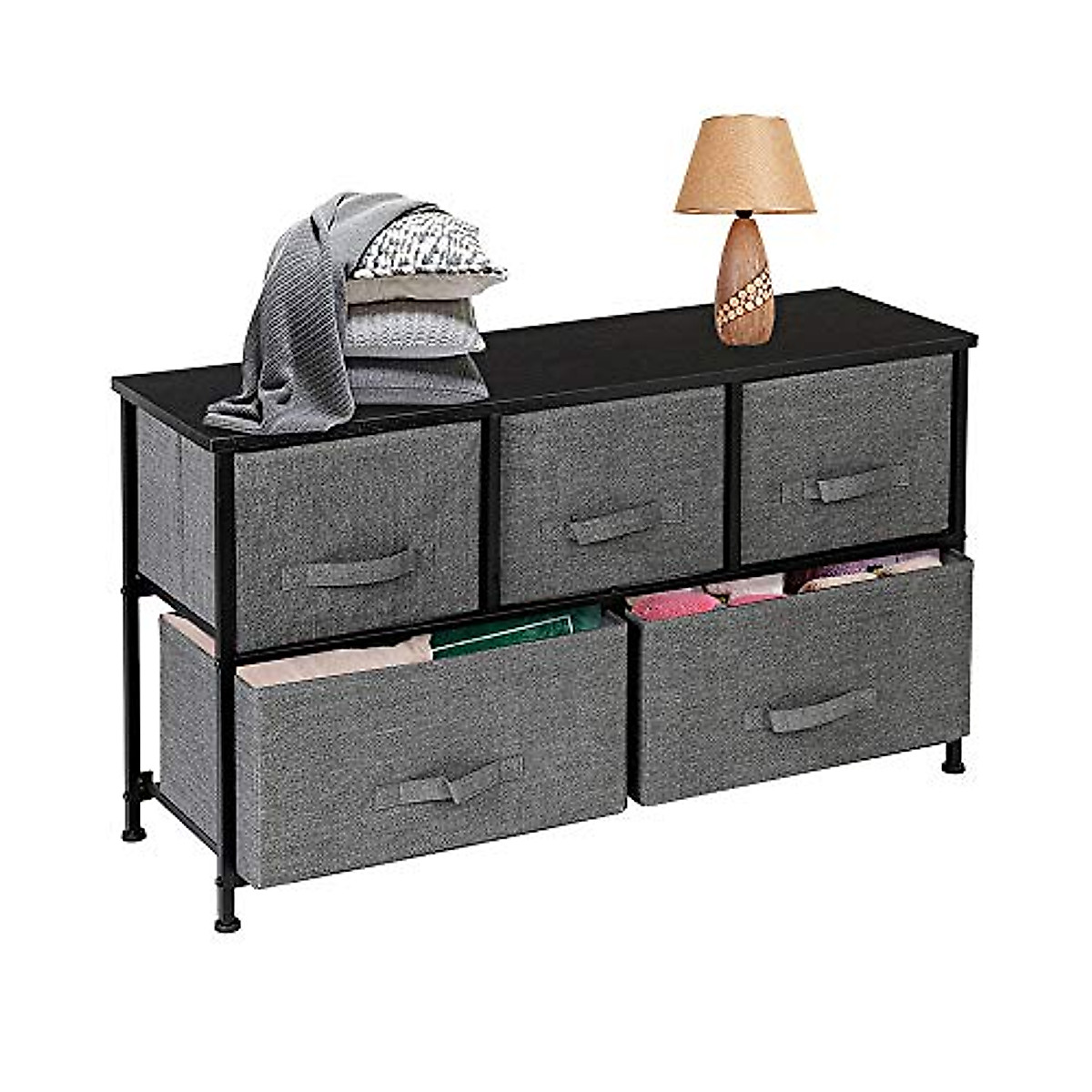 Basic Houseware Wide Dresser Storage Tower Night Stand Wood Top Organizer Unit for Dorm Room Dark Grey