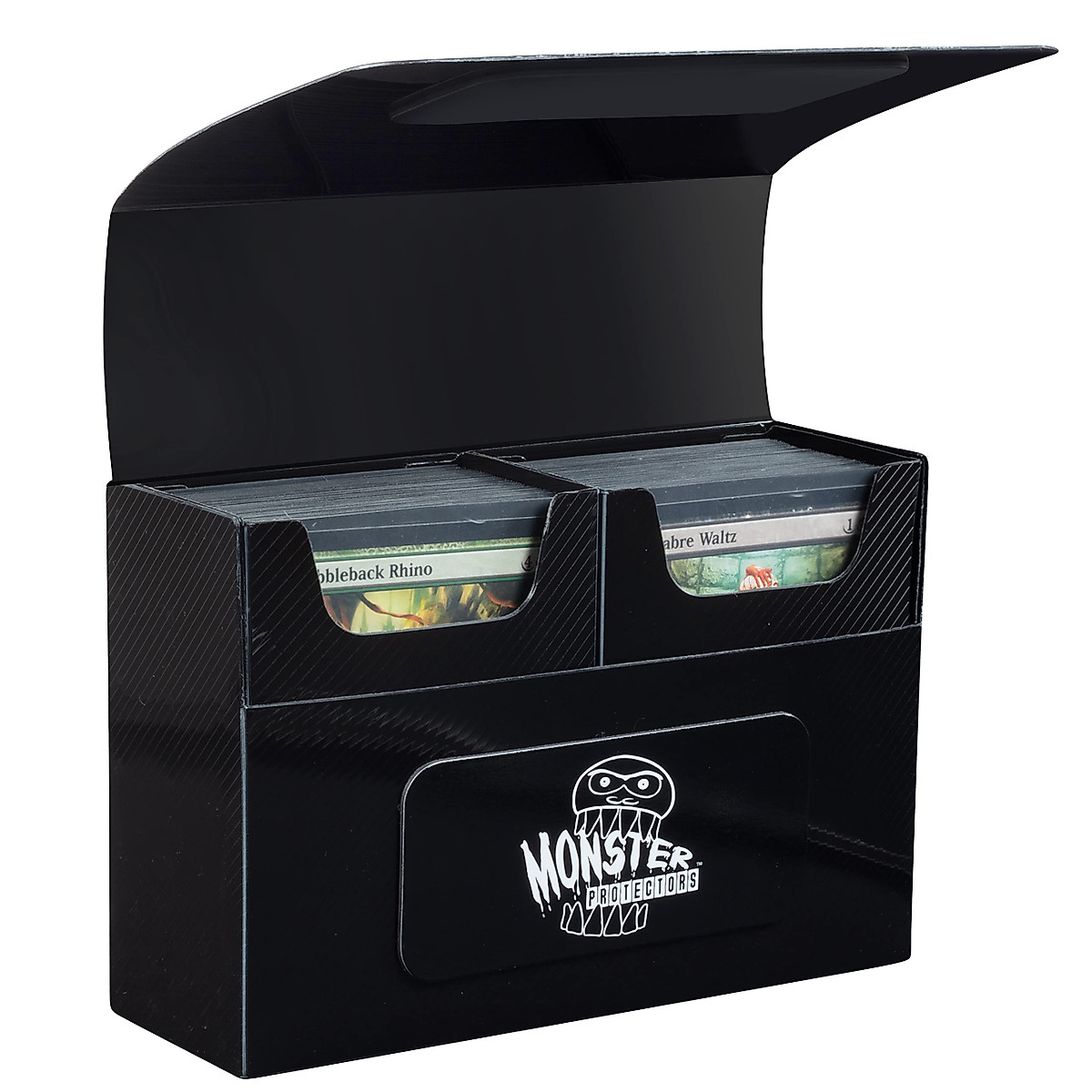 Monster Protectors Double Deck Box- Magnetic Locking Dual Trading Card Game Storage Case w Removable Compartments- Holds 150 cards- Fits all Standard and Smaller Size MTG and TCGs - Black