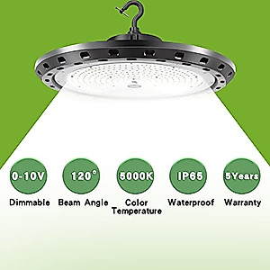 BFT 300W UFO LED High Bay Light 45,000LM 5000K Dimmable (0-10V) 5' US Plug - Commercial Shop Lights for Garage Gym Factory and Low Bay Area Warehouse Lighting Fixture