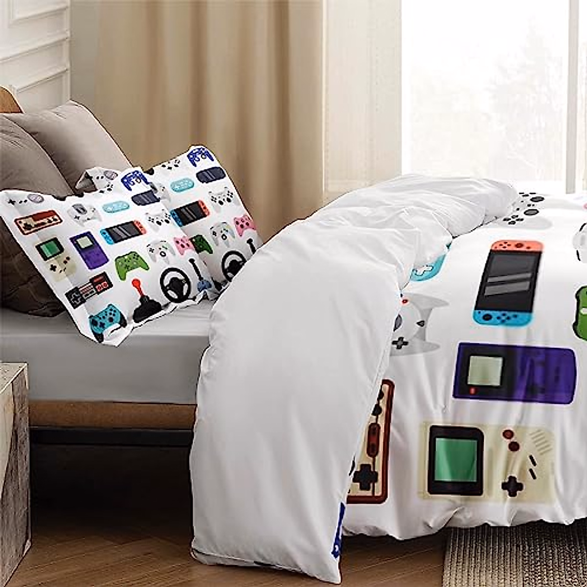 Duvet Cover Twin Size, Game Gaming Retro Wireless Bedding Set with Zipper Closure for Kids and Adults, Wheel Gamepad Steering Comforter Cover with Pillow Sham for Bedroom Bed Decor