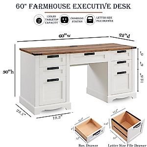 RedLemon 60" Farmhouse Executive Desk with Drawers, Wood Home Office Desk w/Charging Station, Keyboard Tray, File Drawer, Storage Cabinet, Rustic Computer Writing Desk (Antique White)