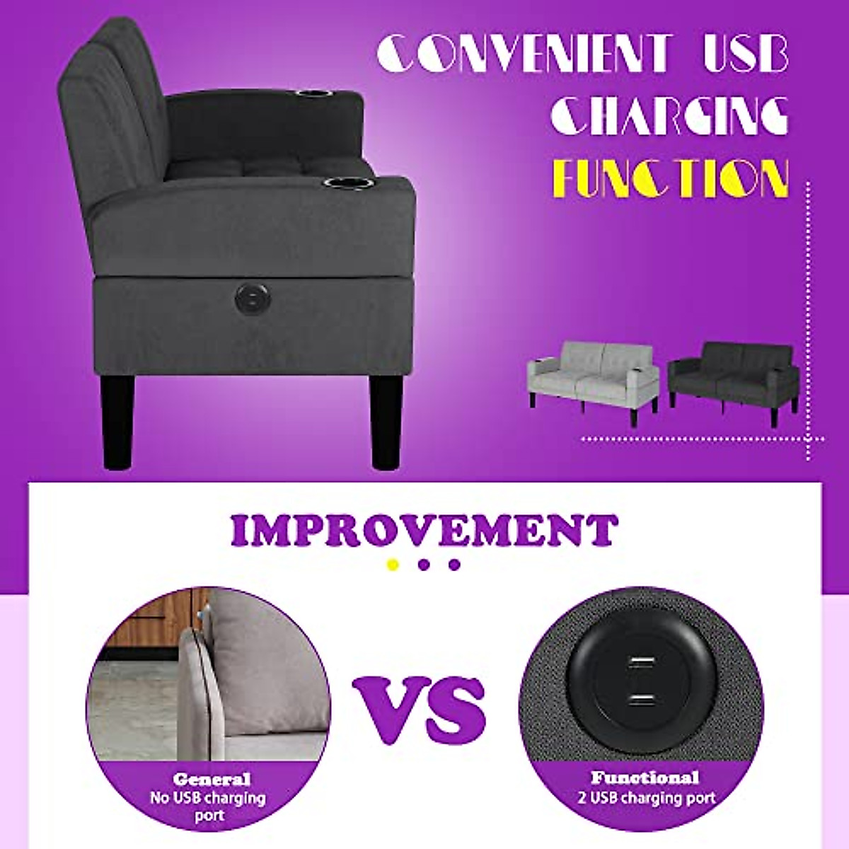 TYBOATLE Tufted Mid-Century Modern Living Room Furniture Sectional Sofa Sets 2 Piece, Loveseat Couch w/ 2 USB, 2 Cupholders and Comfy Accent Arm Chairs for Small Space, Apartment, Office (Dark Grey)