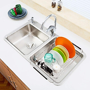 Expandable Dish Drying Rack Over The Sink Dish Drainer Dish Rack in Sink Kitchen Sink Grate Sink Protector for Kitchen Sink, Stainless Steel