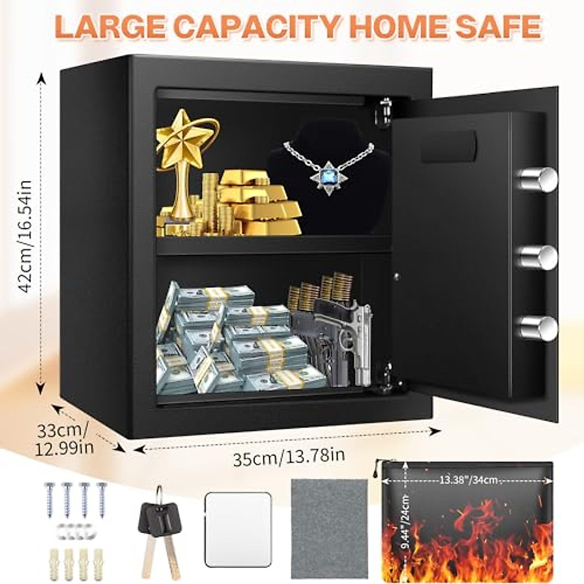2.3 Cubic Fireproof Safe with Digital Keypad Key, Anti-Theft Safes Fireproof Waterproof with Fireproof Document Bag, Security Home Safe Box for Pistol Money Medicine Important Documents