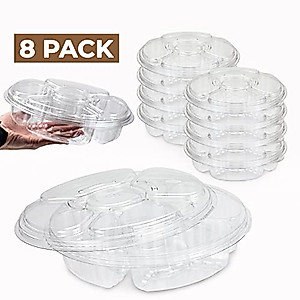 [8 Pack] 10 Inch Round Plastic Appetizer Tray with Lid - 5 Compartment Container, Food Serving Dip Platter, Disposable Clear PET Storage, Kids Snack, Veggie Fruit Travel Organizer for Party and Buffet