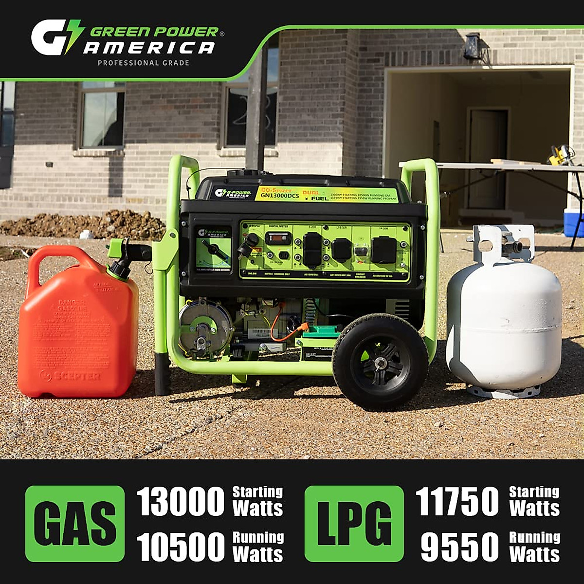 Green-Power America Dual Fuel Portable Generator 13000 Watt,Gas or Propane Powered,Electrical/Recoil Start, Equipped with CO-Seizer CO Protection System