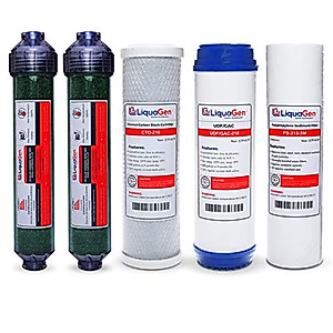 LiquaGen- 6 Stage RODI Yearly Replacement Filter Kit - Pre Filters with Inline Deionization - Stage 1, 2, 3, 5 & 6 | Reverse Osmosis Water Purifier Filter Set for Aquarium Reef, Fish tank's & More