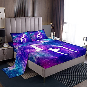 Erosebridal Gymnastic Bed Sheet for Girls Women Gift, Gymnastics Lovers Sheet Set Purple Galaxy Bedding Set Full Size, Tie Dye Glitter Blue Purple Fitted Sheet - Deep Pocket 4 Pcs with 2 Pillowcases