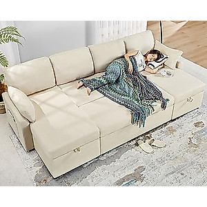 VanAcc Sleeper Sofa, 110 inch Overisze - 2 in 1 Pull Out Bed, Sectional Sleeper Sofa with Double Storage Chaise for Living Room, Beige Chenille Couch