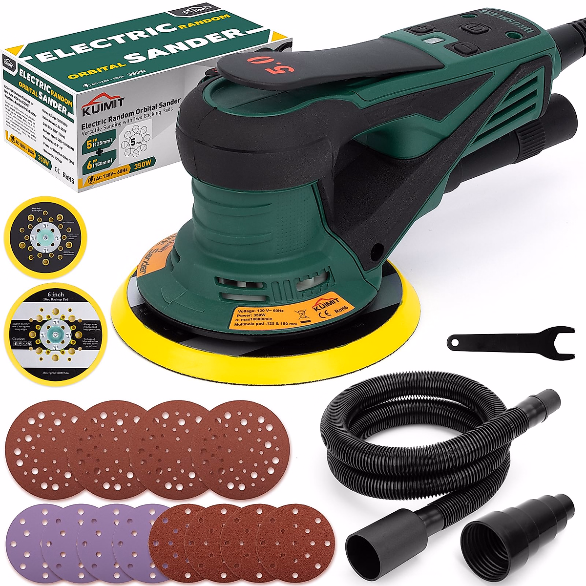 KUIMIT Electric Random Orbital Sander, 350W brushless motor with 5&6-inch pads, 4000-10000RPM Electric Palm Sander for Woodworking, Sanding and Polishing