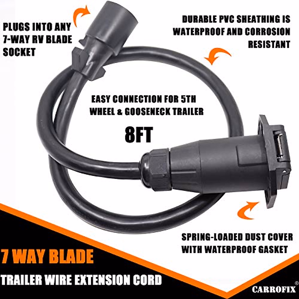 CARROFIX 7-Way Trailer Extension Cord Wire 8 FT 7-Blade Trailer Wiring Connector Socket for RV, Truck, Caravan, 5th Wheel or Gooseneck - Heavy Duty and Unique Waterproof Design