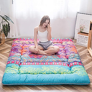 MAXYOYO Bohemian Retro Mattress Boho Floral Style Japanese Futon Mattress Tatami Floor Mat Foldable Lounger Portable Camping Sleeping Pad Couch Bed Twin Size