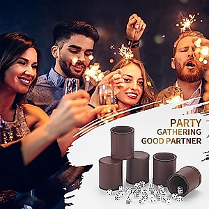 RERIVER 5 Pack PU Leather Dice Cups Velvet Felt-Lined Shaker Cups with 25 Dot Dice for Bar Party Yahtzee Farkle Dice Games, Brown