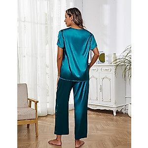 HBZDQB Silky Pajamas for Women Silk 2 Pcs Pants Set V Neck Classic Satin Sleep Sets Short Sleeve Pjs with Long Pant Loungewear Green S
