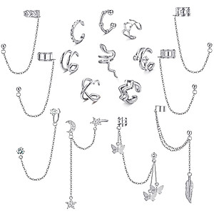 BESTEEL 16 Pcs Ear Cuff Earrings Set for Women Cuff Chain Earrings Helix Cartilage Cuff Earring Non Piercing Earring Pack Silver