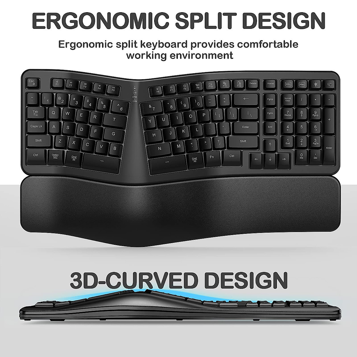 TANNSEN Backlit Wireless Ergonomic Keyboard USB Split Keyboard with Wrist Rest and Comfortable Typing, 104 Keys, 10 Shortcuts for Windows, Mac and Laptop PC Computer