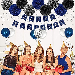 MOVINPE Navy Blue Birthday Decoration Man Balloon, Inclu. Happy Birthday Banner Blue Silver Confetti Balloons Paper Pom Pom Hanging Swirl Tassels Bunting Cake Toppers Ribbon Boy Women