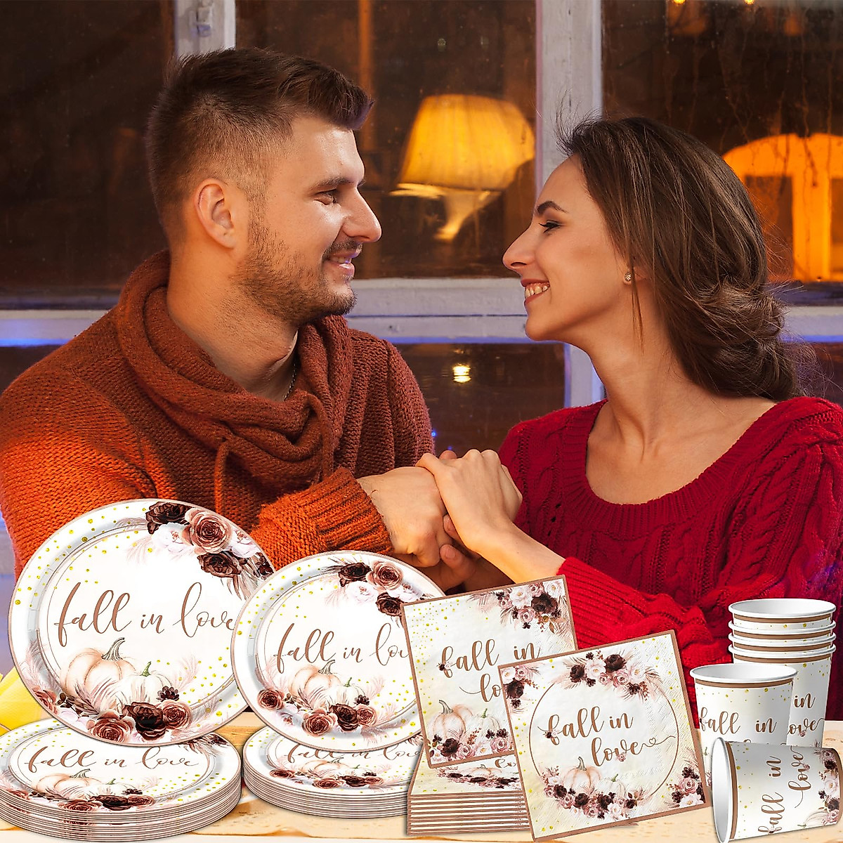 GREHUMOR 80pcs Fall Place Setting, Includes Disposable Tableware with Burgundy Flowers & Pumpkin Design, for Bridal Shower, Engagement, Anniversary, Autumn Themed Events