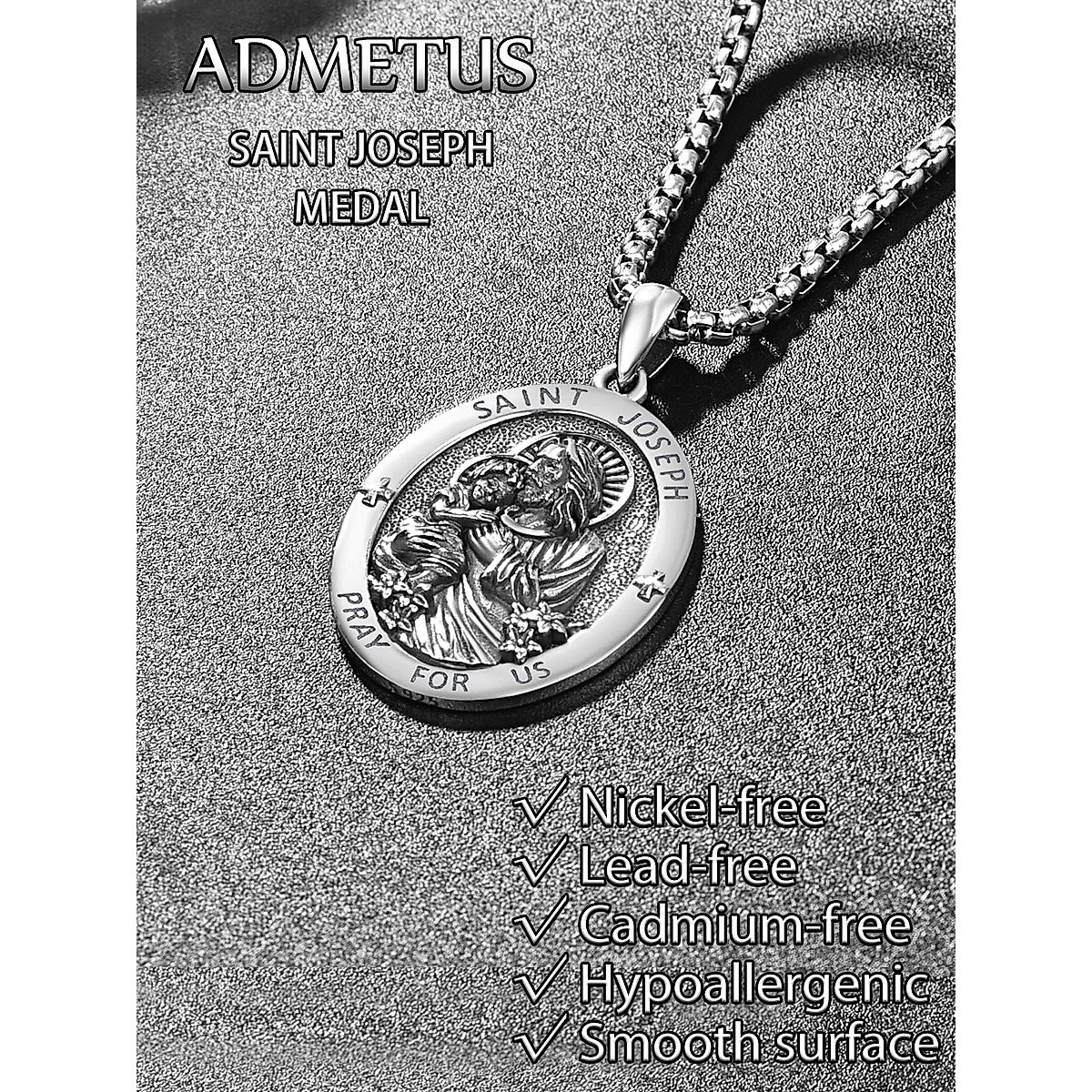 ADMETUS St Joseph Medal for Men 925 Sterling Silver Oval Saint Joseph Pendant Necklace Protection Jewelry Religious Gifts
