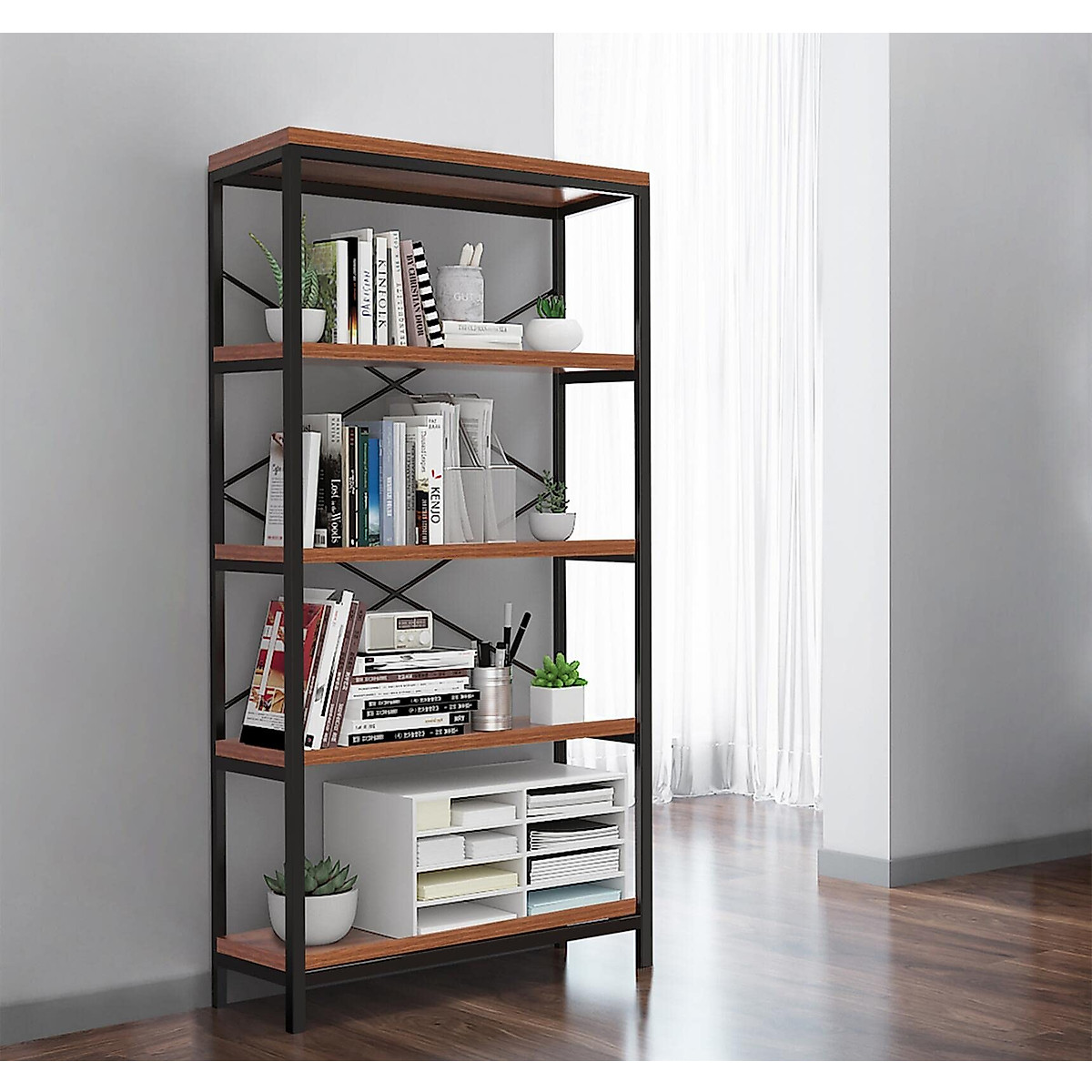 Himimi Industrial Bookshelf 5-Tier, Bookcase 58" H Ladder Shelf, Storage Shelves Rack Shelf Unit, Accent Furniture Metal Frame, Home Office Furniture for Bathroom, Living Room, Vintage Brown