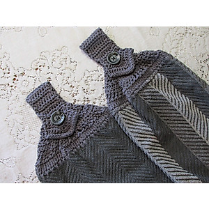 Set of 2 Gray Doubled Chevron Design Hanging Kitchen Towels with Gray Cotton Crochet Top - Best Quality