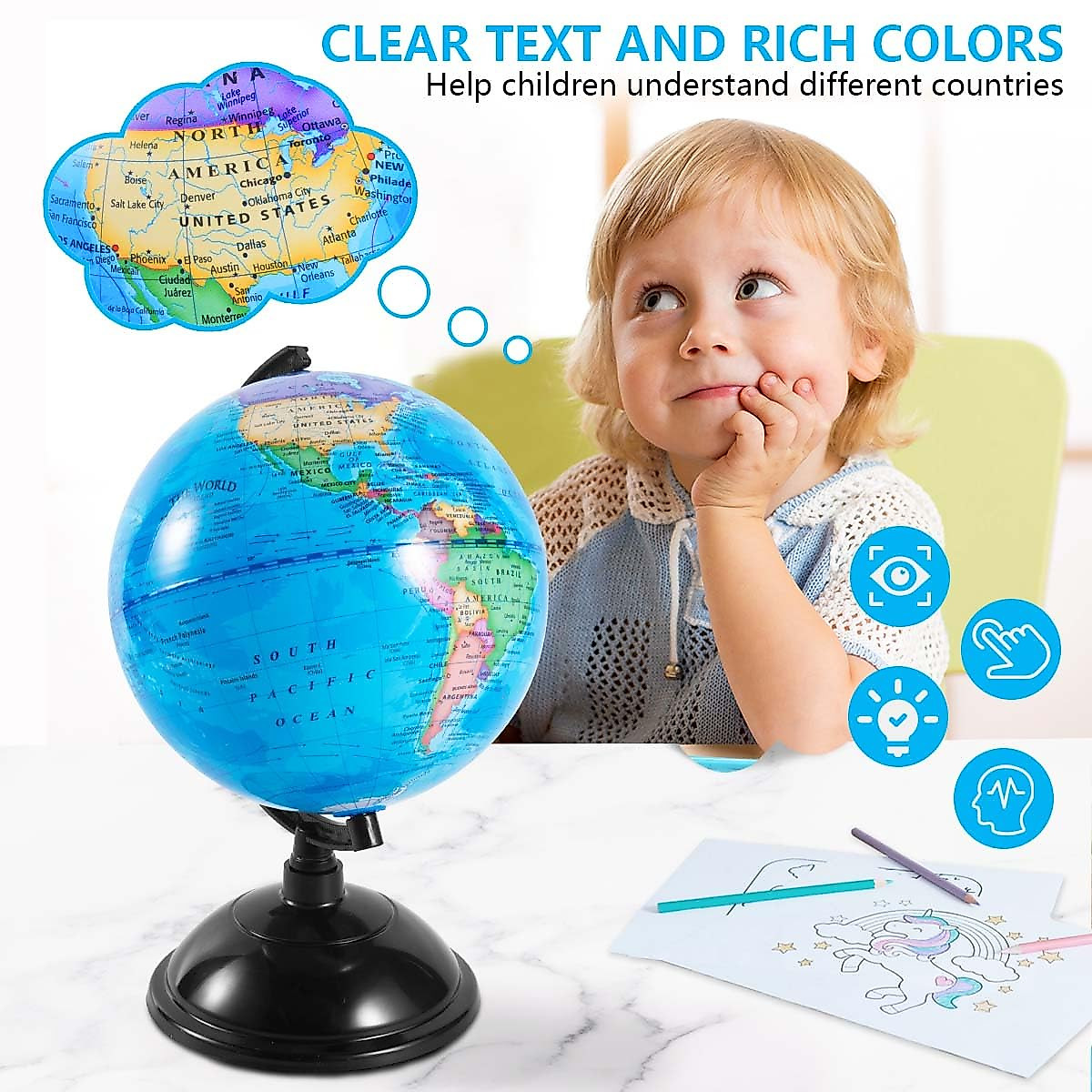 KISEER 8 Inch World Globe with Stand Rotating Earth Spinning Globe for Kids Geography Classroom Education or Decorations (Blue)