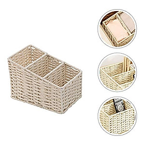 DOITOOL Wicker Storage Basket with 3- Compartment Magazine Hyacinth Basket Weave Organizer Baskets Desktop Storage Box Sundries Container Desk Basket Bins for Bathroom Office