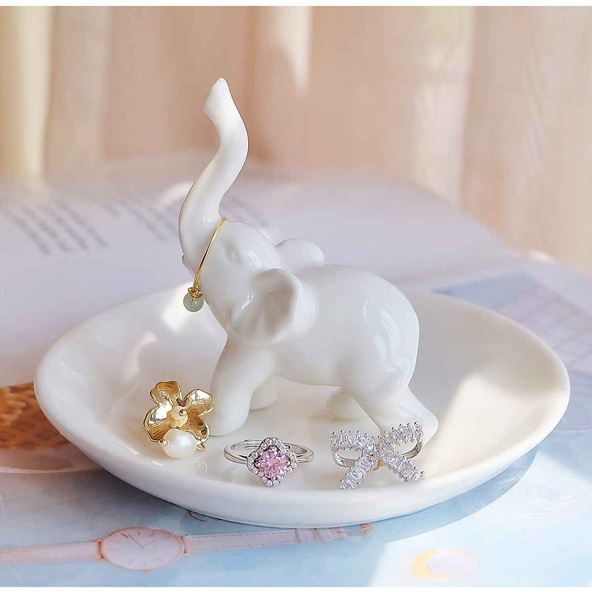 PUDDING CABIN White Elephant Ring Holder Dish Ring Tray for Jewelry | Elephant Gifts for Women Christmas | Birthday Gifts for Woman | Elephant Mom Gifts Wedding Christmas Mother's Day Gifts