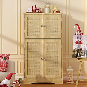 Iwell Storage Cabinet, Rattan Cabinet with 4 Rattan Doors & Adjustable Shelf, Bathroom Floor Cabinet for Living Room, Entryway, Home Office, Natural