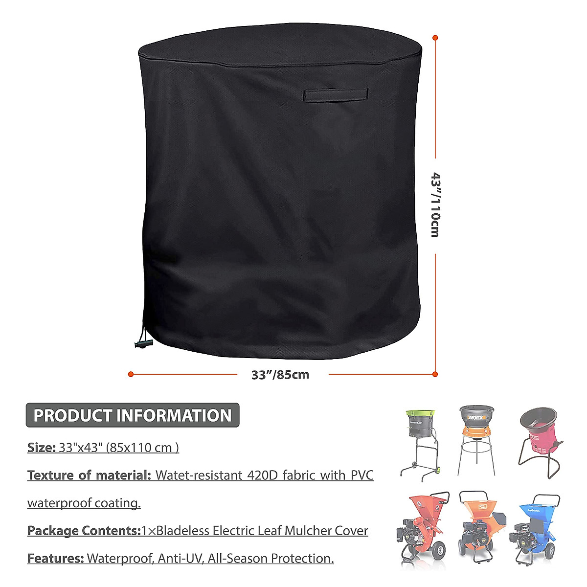 Aaaspark Waterproof Heavy-Duty Wood Chipper Shredder Mulcher Cover for Wood Chipper Shredder Mulcher and Leaf Mulcher(33"x45"),Black