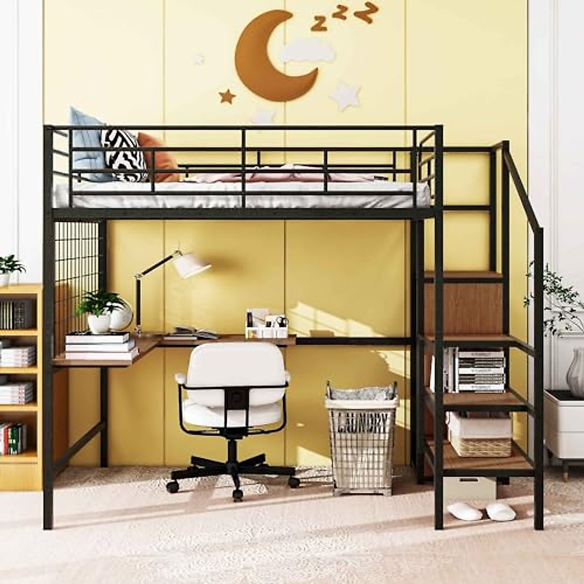 ATY Full Size Loft Bed with L-Shaped Desk and Wardrobe &Storage Shelves, Stairway Metal Bedframe w/Grid, Save Space Design, for Bedroom, Dorm, No Spring Need Required, Black