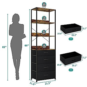VASICAR 4-Tier Tall Bookshelf with 4 Drawers, Multifunctional Open Bookcase, Storage Shelf Dresser for Living Room, Office, Bedroom, Kitchen, Free Drawer Divider (Black)