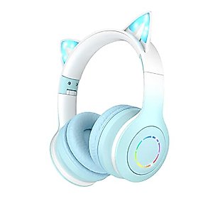 VuyKoo Bluetooth Headphones with Microphone/RGB LED Light Up, Cat Ear Wireless Headphones, Stereo Gaming Headset for Cellphone/PC/Laptop/Tablet/TV Kids Girls & Boys Teens/Birthday Gift (Green)