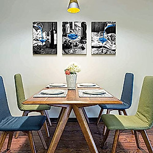 Canvas Wall Art For Kitchen Wall Decor For Dining Room Black And White Wine Glasses Painting Modern Blue Wine Canvas Art Prints Ready To Hang Pictures For Restaurant Home Decorations 12"X16" 3 Pieces
