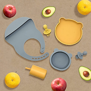 Baby Feeding Set with Reusable Wet Bag in Gift Box, Silicone Baby Led Weaning Supplies, Suction Baby Plate and Bowl Set, Food Grade Bib, Spoon, Fork, Sippy Cup, Bowl and Plate - 100% BPA Free!