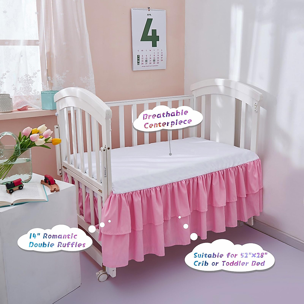 JSD Pink Crib Bed Skirt 14 in Deep Drop Dust Ruffle Double Layer Microfiber Nursery Bedding Skirt for Baby Girls