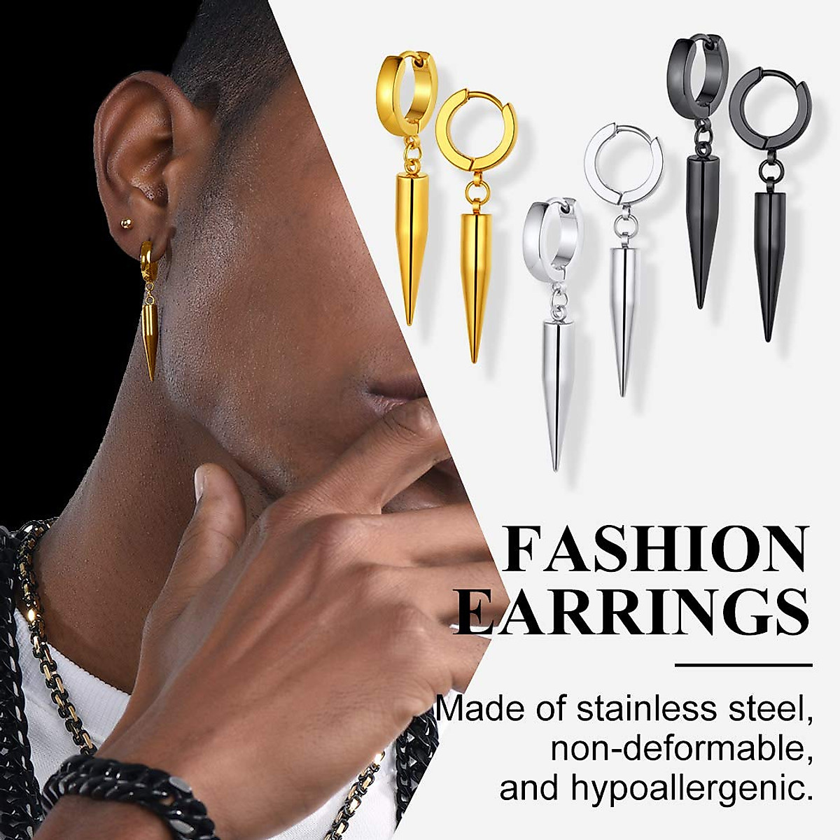 Punk Spikes Dangle Hinged Hoop Earrings for Men Women Black Huggie Earring Fashion Jewelry