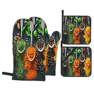 YILEQUAN Condiments Spices Print Oven Mitts and Pot Holders Sets,Kitchen Oven Glove High Heat Resistant 500 Degree Oven Mitts and Potholder,Surface Safe for Baking, Cooking, BBQ,Pack of 4