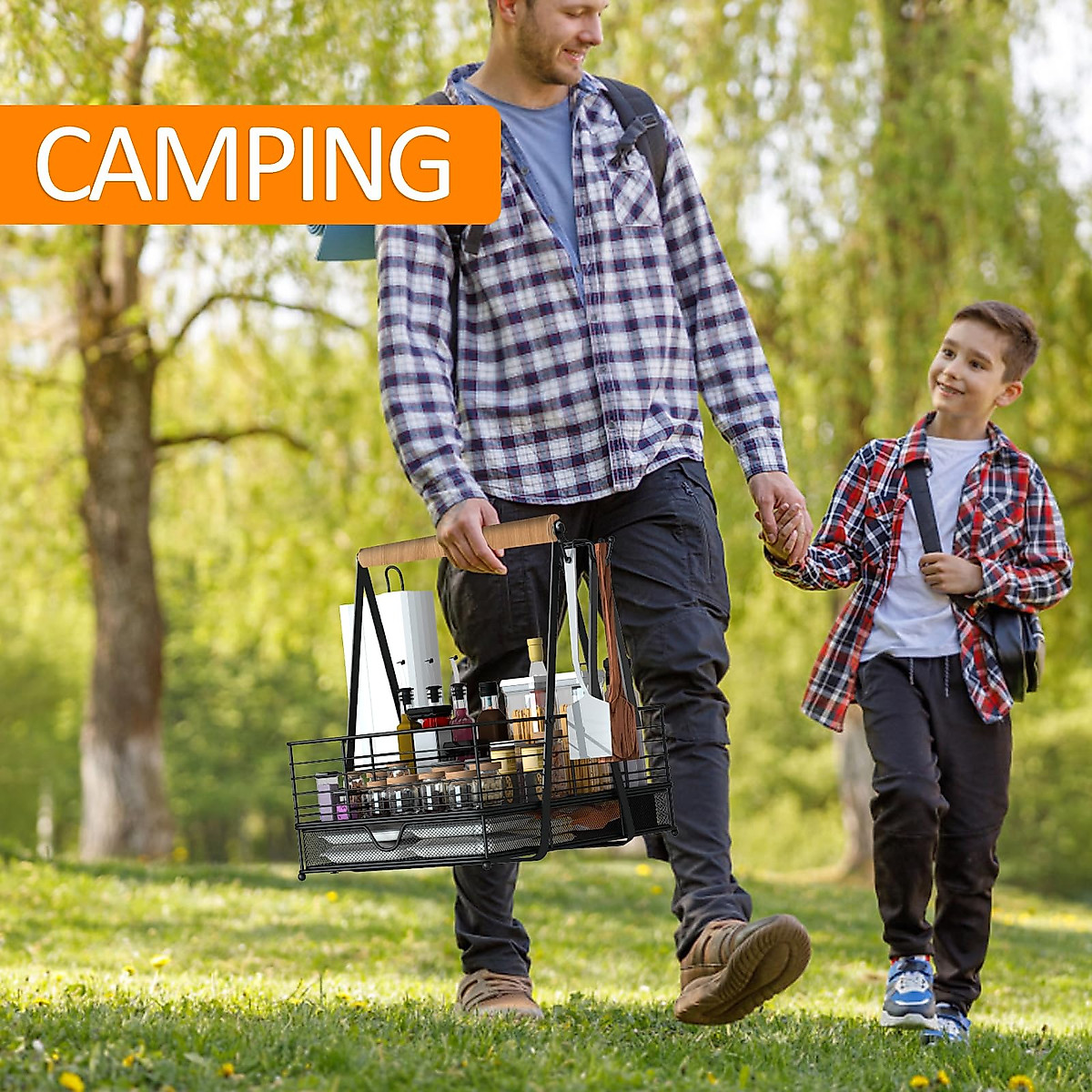 Grill Caddy for Outdoor Grill, Picnic Caddy and Grill Utensil Caddy, Condiment Caddy, BBQ Caddy with Drawer, Adjustable Compartment Storage, Quick Assemble Grill Accessories Storage