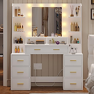 BTHFST Glass Top Vanity Desk with Mirror and Lights, Makeup Vanity with Lights, Charging Station and 10x Magnifying Mirror, Large Vanity Table with 8 Drawers, Acrylic Dividers and Shelves, White