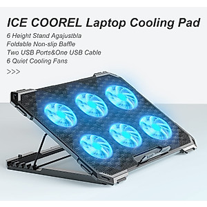 ICE COOREL Laptop Cooling Pad with 6 Cooling Fans, Cooling Pad for Laptop Fan 13-15.6 Inch, Laptop Cooler Stand with 6 Height Adjustable, Notebook Cooler Pad with Two USB Port [2022 Version]