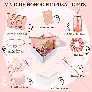 Irenare 8 Pcs Maid of Honor Proposal Gifts Set Robes Makeup Bag Cup Cards Hair Tie Bracelet Diamond Pen Bridesmaid Gift Box