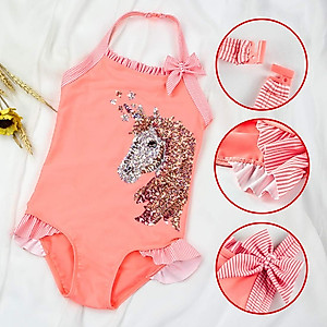 Julysand Toddler Girls Orange One Piece Swimsuit Sequin Unicorn Swimwear Bow Ruffled Bathing Suit