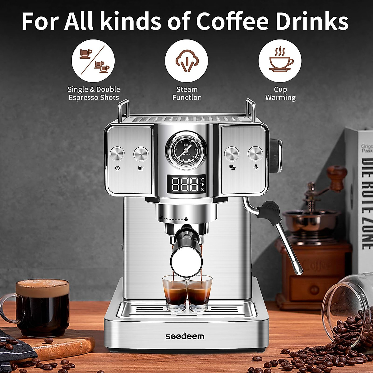 SEEDEEM Espresso Machine,20 Bar Espresso Maker with Milk Frother,Stainless Steel Latte and Cappuccino Machine with 1.8L(60 Fl Oz) Removable Water Tank